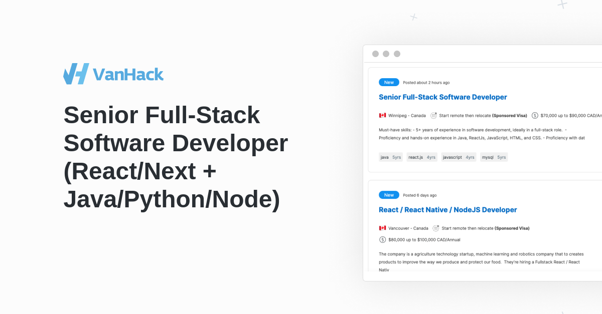 Senior Full-Stack Software Developer (React/Next + Java/Python/Node) - VanHack